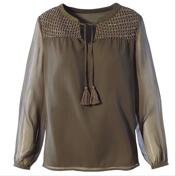 Chico's | Tops | Euc Chicos Embroidered Beaded Olive Soft Popover Top ...